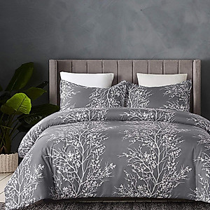 Vaulia Soft Microfiber Duvet Cover Set, Grey and White Floral Branches Printed Pattern - King Size 3-Piece Set (1 Duvet Cover 2 Pillow Shams)