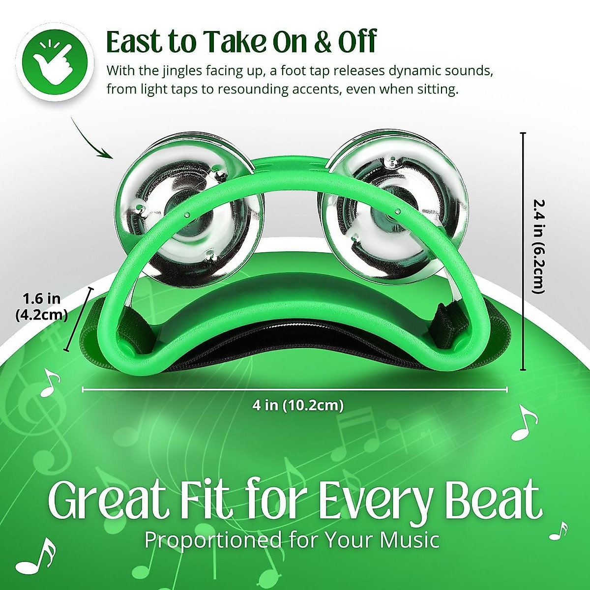 Flexzion Foot Tambourine Percussion with Double Row Steel Jingles - Foot Shaker Musical Instrument Drum Party Shoes Gift Singer Vocalists Cajon & Guitar Players (Green)