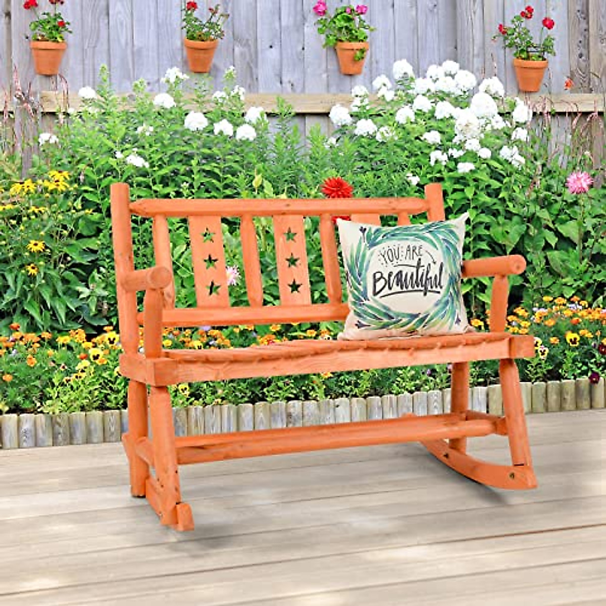 XCSOURCE Wood Rocking Chair Outdoor, Rocking Bench Outdoor with Paper Storage Bag, Rocking Patio Chair for 2 Persons, Porch Bench, Rocker Chair for Porch (Orange)