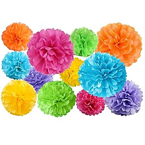 12 Pcs Paper Pom Poms Kit, Tissue Paper Flowers for Birthday, Party, Fiesta, Classroom, Playroom Festive Decorations (Multicolor, Assorted Sizes)