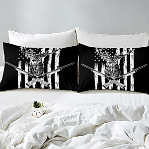 Erosebridal Deer Bedding Set American Flag Duvet Cover Queen Size Hunting Theme Comforter Cover Western Rustic Farmhouse Decor Bedspread Cover Wild Animal Elk Print Bedding USA Flag Bedding 3 Pcs