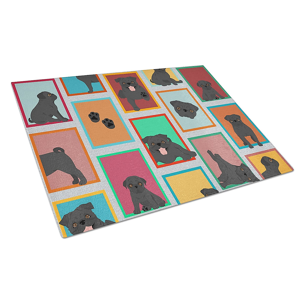 Caroline's Treasures MLM1091LCB Lots of Black Pug Glass Cutting Board Large Decorative Tempered Glass Kitchen Cutting and Serving Board Large Size Chopping Board