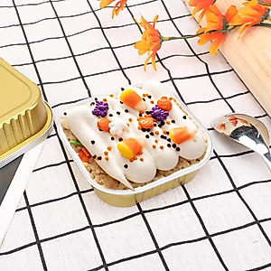 EUSOAR Cupcake Liners with Lids, 8oz 50pcs Gold Aluminum Foil Square Baking Cups Disposable Ramekins Tins for Muffin Pie Lava Cakes Flan Quiche, for Wedding Birthday Christmas Party