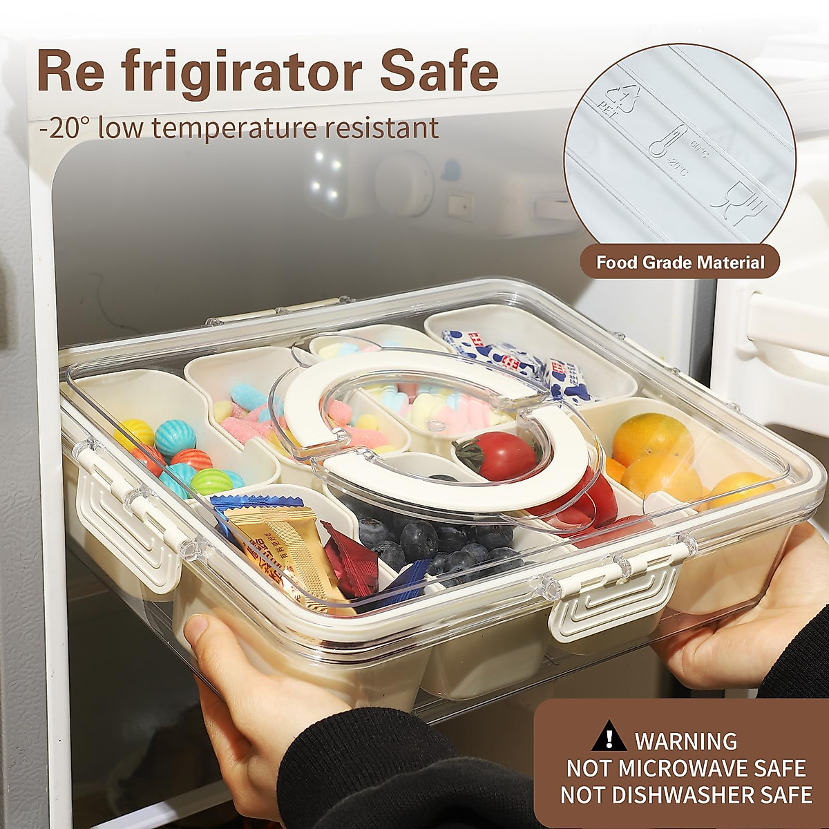 Divided Serving Tray with Lid and Handle - Snackle Box Charcuterie Container for Portable Snack Platters - Clear Organizer for Candy, Fruits, Nuts, Snacks - Perfect for Party, Entertaining