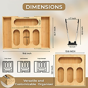 IK Innovations Bamboo Ziplock Bag Organizer for Drawer 7-In-1 Expandable Foil and Plastic Wrap Organizer 12” With Baggie Holder | Ziplock Bag Storage Organizer for Gallon Quart Sandwich Snack Bags