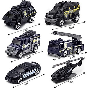 6 Pack Diecast Police Car Toy Set, Mini Alloy Models Police Car Toys for Boys 3-5 6 7, Armored Vehicle, Bulletproof Car, Rescue Truck, Military Helicopter, Armed Car Police Toys Kids Birthday Gift