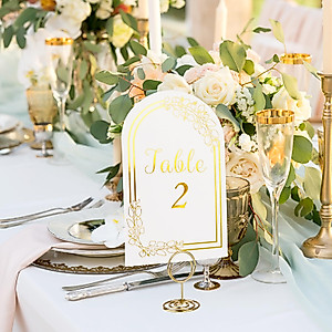 Wedding Table Numbers 1-20, 20 White Gold Table Number Cards with 20 Gold Table Number Holders, 1 Set of 20 Table Numbers for Wedding Reception(Card and Holder)