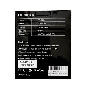 Long Range USB Bluetooth Adapter for PC USB Bluetooth Dongle Wireless Bluetooth Adapter for Headphones Speakers, 328FT / 100M,5.0 Bluetooth Transmitter Receiver for Windows 10/8 / 8.1/7