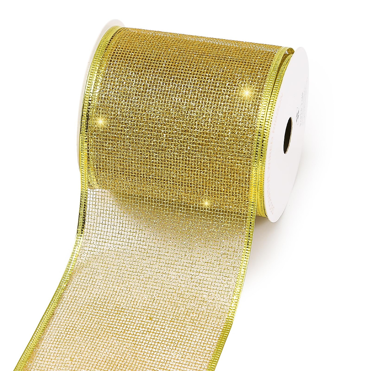 PAPER FAIR 1 Roll 4 Inch Wide 10 Yd Gold Glitter Wired Ribbon, Metallic Gold Mesh Wired Edge Ribbon for Christmas Tree Décor, Gift Wrapping Box, Bows, Wreath, Garland, DIY Craft