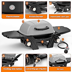Ooiior Portable Gas Grill, Small Gas Grills Propane, Tabletop Gas Grill Outdoor Camping Grill BBQ Grill 24000 BTU with 2 Burners, Removable Side Tables, Built in Thermometer, Grey