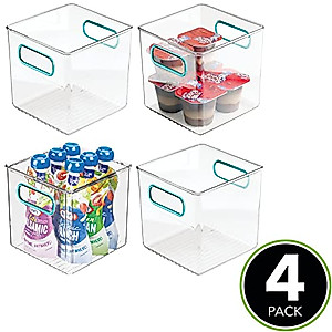 mDesign Plastic Kitchen Pantry Cabinet, Refrigerator or Freezer Food Storage Bins with Handles - Organizer for Fruit, Yogurt, Snacks, Pasta - Food Safe, BPA Free, 6" Cube, 4 Pack - Clear/Blue