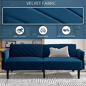 ONEMMLION 78" Futon Sofa Bed, Small Sofa, Loveseat, Convertible Futon Couch Adjustable Armrests and Backrests, Velvet Modern Tufted Sleeper Bed for Living Room, Bedroom, Blue