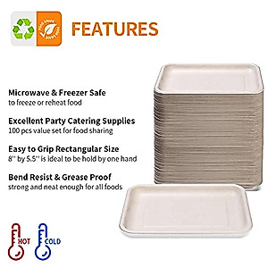 Celel 100 Pack 8 Inch Rectangle Paper Plates Heavy Duty, Bend-Resist Compostable 8 inch Disposable Trays for Taco, Burrito, Meat, Hot Dog