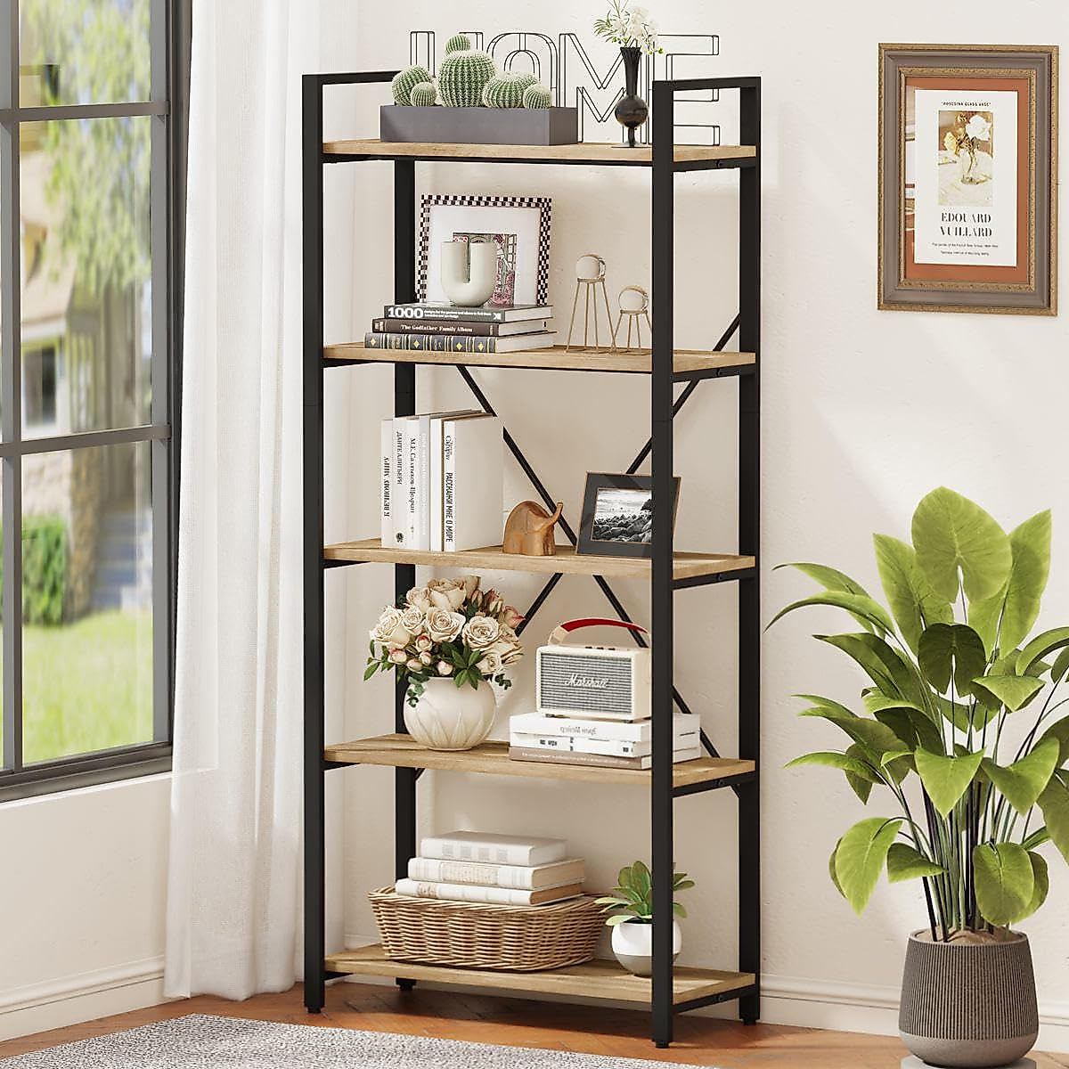 FATORRI Industrial 5 Tier Bookshelf and Shoe Cabinet for Entryway Hallway Living Room (Rustic Oak+White Oak)