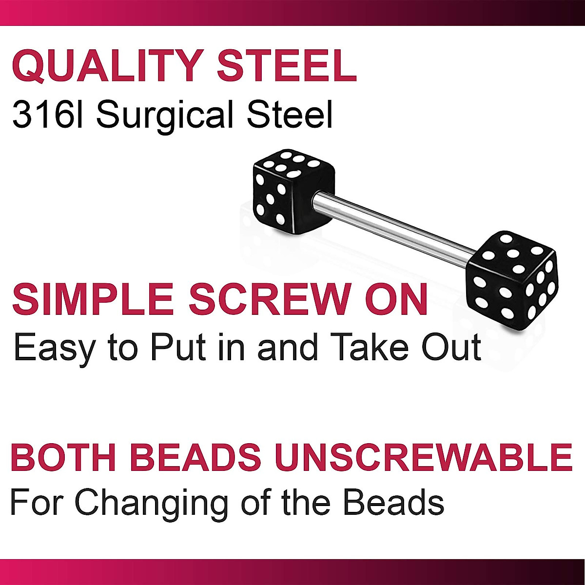 bodyjewellery 3Pcs 14g 14 gauge 1.6mm 14mm steel tongue ring straight barbell Dice tounge bar set Body piercing AHWC