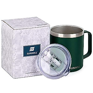 SUNWILL Coffee Mug with Handle, 14oz Insulated Stainless Steel Reusable Coffee Cup, Double Wall Coffee Travel Mug, Powder Coated Forest Green