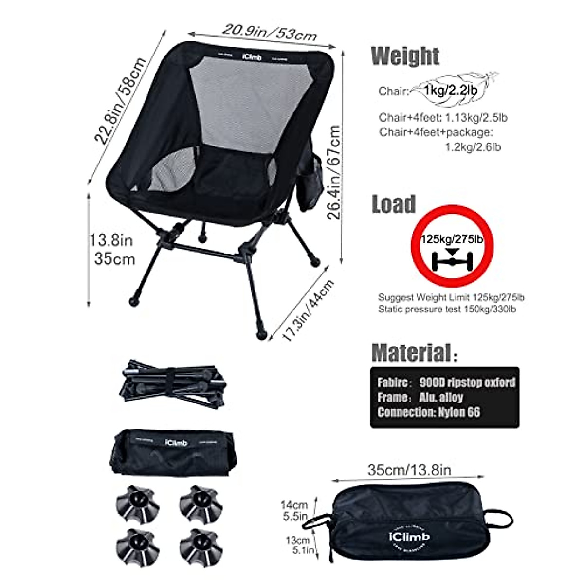iClimb Ultralight Compact Camping Folding Beach Chair with Anti-Sinking Large Feet and Back Support Webbing (Black - Square Frame)
