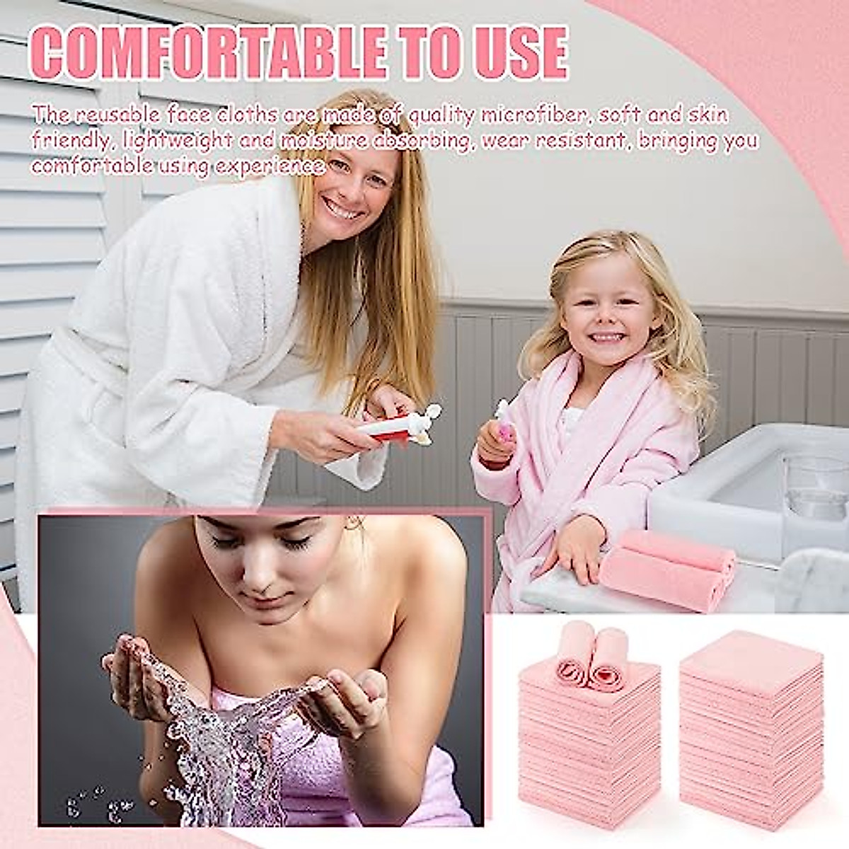 Preboun 100 Pack Washcloths Towel Set Pink Face Cloths Microfiber Baby Wash Cloth Cleaning Cloth Fast Drying Bath Towel Absorbent for Sport Girl Woman 12 x 12 Inches