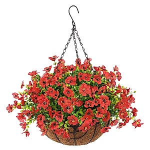 ZFProcess Artificial Silk Flowers in Hanging Basket Outdoor Indoor Patio Lawn Garden Decor,Hanging Daisy Basket with 12inch Coconut Lining Chain Palm Flowerpot(Red)