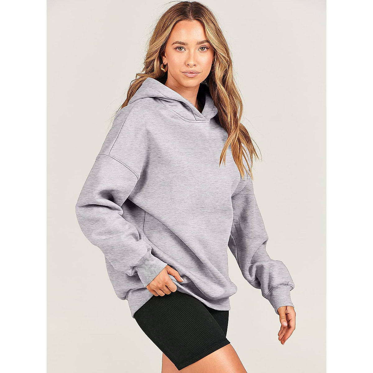 ANRABESS Women's Oversized Hoodies Long Sleeve Fleece Sweatshirts Solid Casual Hooded Pullover Loose Lightweight Fall Tops Clothes Grey A1023qianhuahui-L