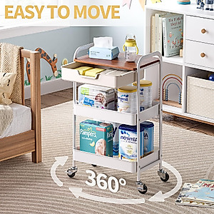 TOOLF 3-Tier Utility Rolling Cart with Wooden Board and Drawer, Metal Storage Cart with Handle, White Trolley Kitchen Organizer Rolling Desk with Locking Wheels for Office, Classroom, Home, Bedroom
