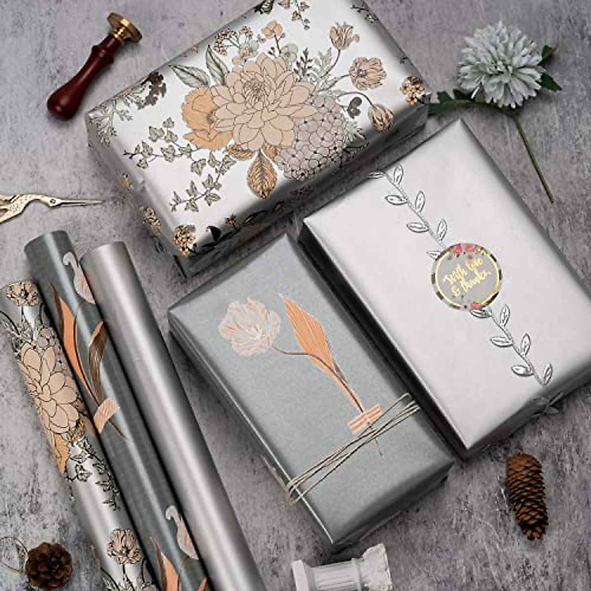 MAYPLUSS Wrapping Paper Roll - Mini Roll - 17 inch X 120 inch Per roll - 3 Different Silver Design (42.3 sq.ft.ttl)