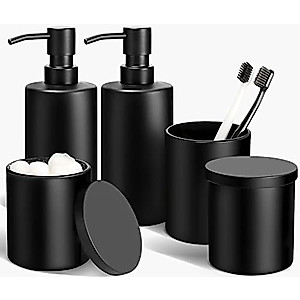 MIERTING Bathroom Accessories Set 5 Pcs, Matte Black Bathroom Accessory Set, Glass Soap Dispenser and Toothbrush Holder Set, Qtip Holder and Cotton Ball Holder, Modern Bathroom Decor Sets