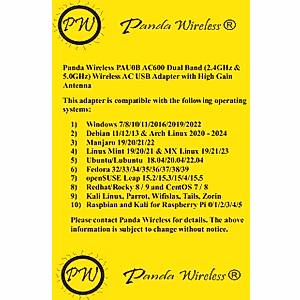 Panda Wireless® PAU0B AC600 Dual Band (2.4GHz and 5GHz) Wireless N USB Adapter W/High Gain Antenna - Windows 7/8/8.1/10/11, Zorin, Mint, Ubuntu, openSUSE, Fedora, Kali Linux and Raspbian