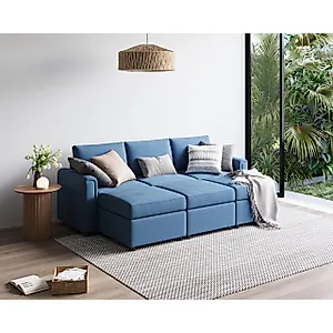 LINSY HOME Modular Sectional Sleeper Sofa, Sectional Couch with Ottoman Memory Foam, Storage Under Each Seat, Sofa Covers Washable Changeable, for Living Room, Blue