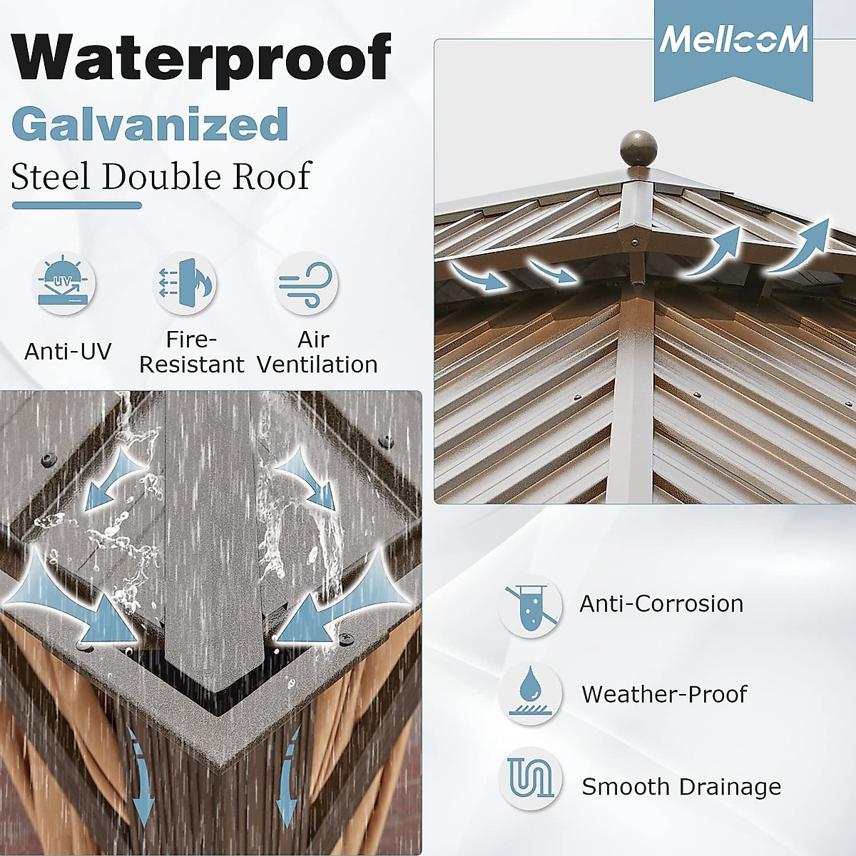 MELLCOM 12'x16' Hardtop Gazebo, Galvanized Steel Metal Double Roof Canopy with Curtains and Netting, Brown Permanent Pavilion Gazebos with Aluminum Frame for Patio, Lawn & Garden