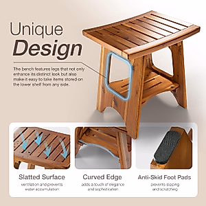 HOLANA 18" Acacia Shower Bench for Inside Shower - Wooden Shower Stool Benches Waterproof for Shaving Legs - Bench Seat with Storage Towel Shelf for Bathroom - Tub Bench Chair Spa Bath (Acacia Wood)