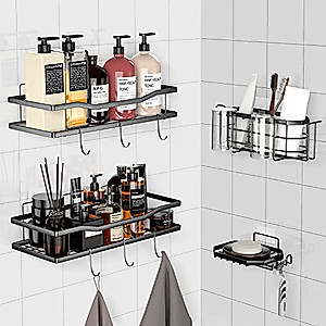 PUKOKAL Shower Caddy 4 Pack Shelf with Hooks Storage Rack Organizer, Stainless Steel Adhesive Caddy Shelves No Drilling with Toothbrush Holder Holder Soap for Bathroom, Restroom, Kitchen (Matte Black)