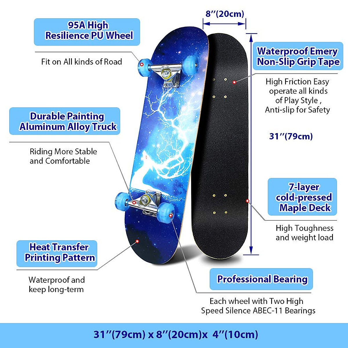 Easy_Way Complete Skateboards- Standard Skateboards for Beginners Kids Boys Girls Teenager- 31''x 8''Canadian Maple Cruiser Pro Skate Board, Skateboards (Deer)