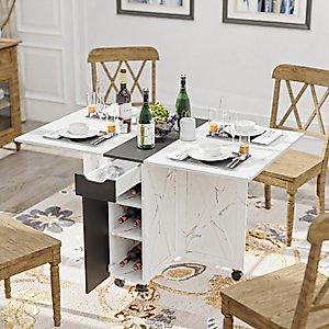 3imothrix Folding Dining Table, Dinner Table with Drawer and Storage and Shelves, Space Saving Dining Table with 6 Wheels, Kitchen Table for Small Spaces (Black)