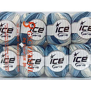 Lot of 8 Skeins Ice Yarns Alara Batik (50% Cotton) Yarn Blue Shades Light Grey Light Cream