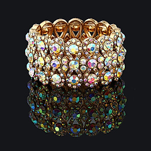 CrazyPiercing Crystal Wedding Bracelet, Gold Tone Stretch Rhinestone Bridal Bracelet, Rhinestone Bangles Statement Wedding Bracelet Jewelry for Women