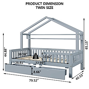 Aoowow Twin Size House Bed with Storage Drawers & Shelf,Kids Wooden Bed Frame Twin Platform Bed with Slats and Fence for Boys Girls Teens for Bedroom(Grey)