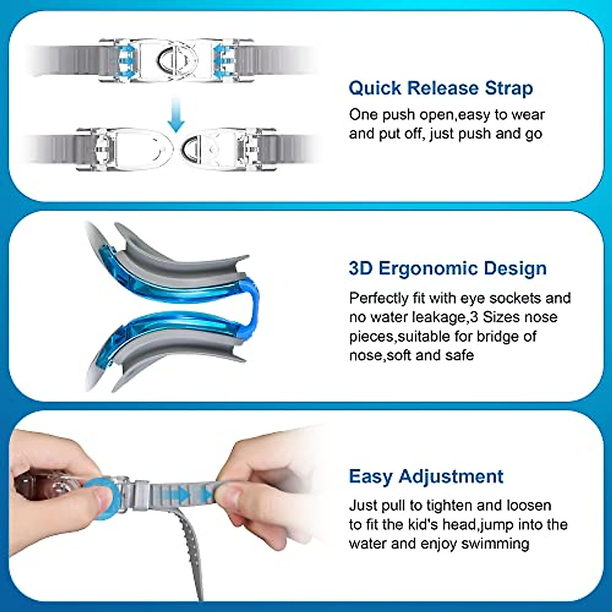 RABIGALA Swimming Goggles Adult, Swim Goggles Anti-Fog Waterproof Anti-UV Clear Vision Swim Goggles with Earplugs & 3 Nose Pieces suitable for Women Men(Gray-Blue)