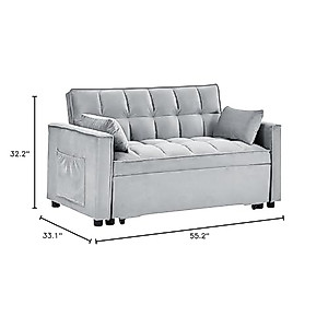 BIADNBZ 55" Convertible Loveseat Sleeper Sofa with Pull Out Bed, Modern Velvet Couch with Pillows & Side Pockets, Adjustable, for Small Space Living Room, Gray