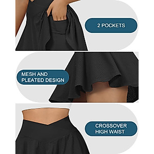 SUUKSESS Womens Pleated Tennis Skirt Crossover High Waisted Mesh Mini Skirt Athletic Golf Skorts (Black,S)