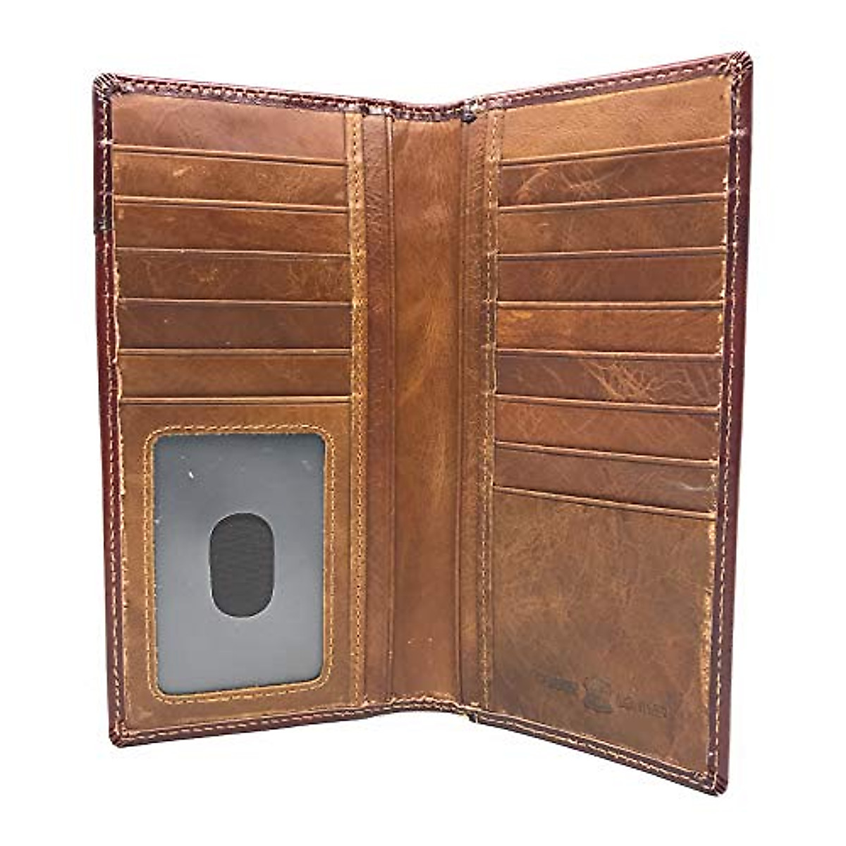 Western Genuine Leather Praying Cowboy Tooled Laser Cut Men's Long Bifold Wallet in 10 colors (Brown/Turquoise)