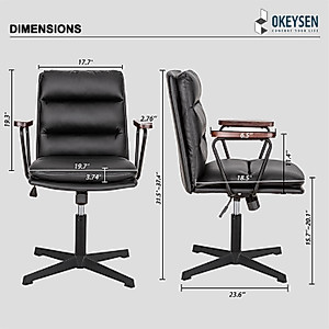 Okeysen Office Desk Chair No Wheels, Swivel Chair with Retro Wooden Armrests, Criss Cross Legged Armless Computer Chair for Home Office, Mid Century Modern Adjustable Task Chair with Thick Cushion