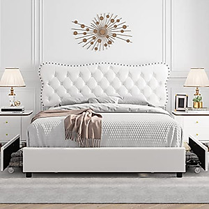 HOSTACK Full Bed Frame with 4 Storage Drawers, Upholstered Platform Bed Frame with Button Tufted Headboard, Heavy Duty Mattress Foundation with Wooden Slats, No Box Spring Needed (White, Full)
