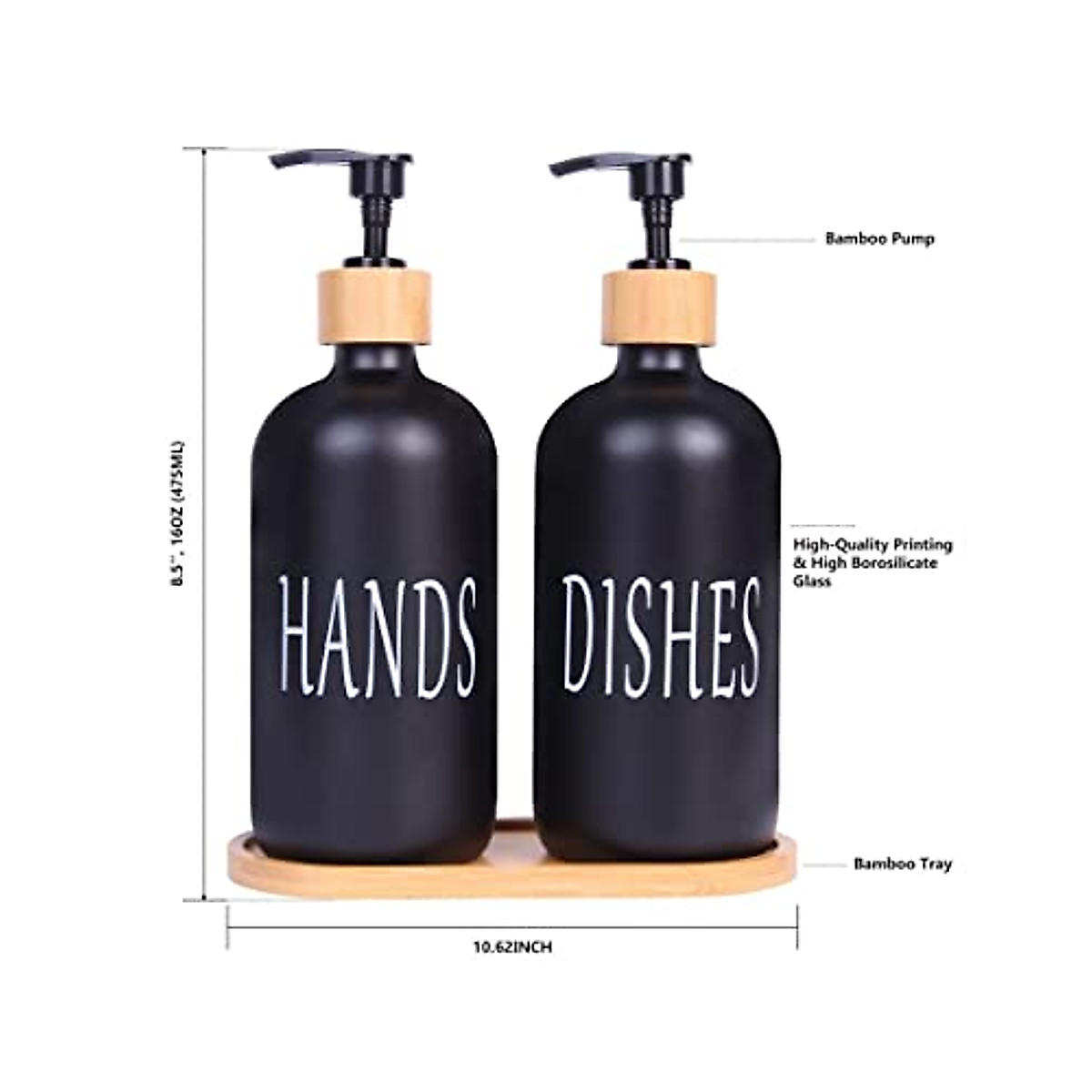 Glass Kitchen Soap Dispenser Set, Both Glass Soap Dispensers Equipped with Pumps& Bamboo Tray (Matte Black + Old Style Charactor)