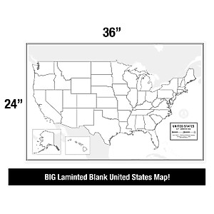 Large Blank United States Outline Map Poster, Laminated, 36” x 24” | Great Blank Wall Map for Classroom or Home Study | Free Dry Erase Marker Included | Includes Detailed Laminated Answer Sheet