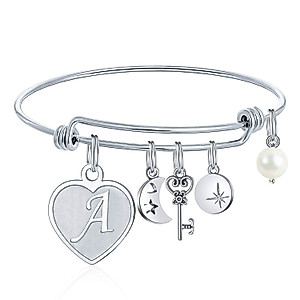 Heart Charm Bracelets For Women - Initial Charm Engraved Letter A Initial Bracelet Stainless Steel Expandable Charms Bangle Bracelets Birthday Jewelry Gifts for Women Teen Girls Bridesmaids Gifts