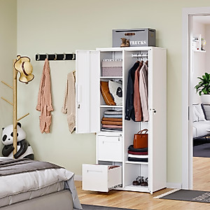 PEUKC Metal Storage Cabinets with Locking Doors, 67" Freestanding Clothing Coat Storage Wardrobe Lockers for Office, Home, School, Garage, Gym (White)