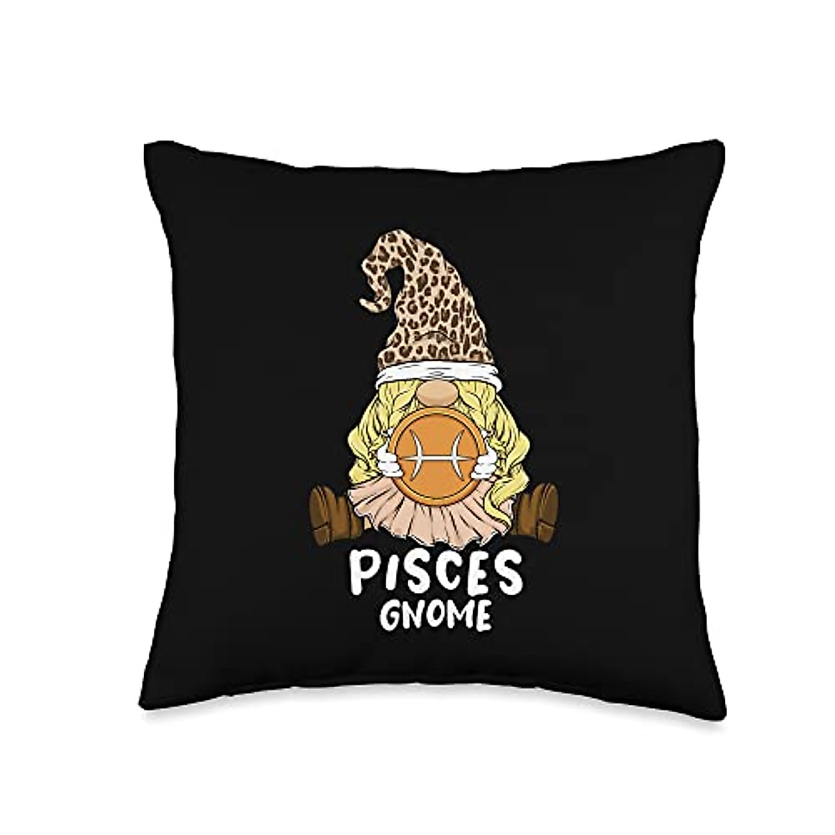 Women Gnome with Pisces Zodiac Sign Pisces Gnome Zodiac Sign Leopard Print Hat for Girls Women Throw Pillow, 16x16, Multicolor