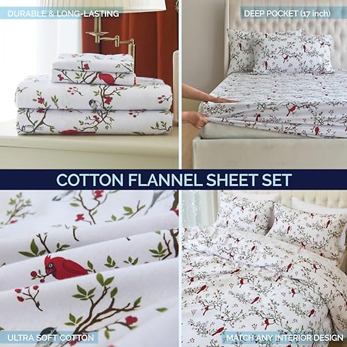 Elegant Comfort Soft 4-Piece 100% Turkish Cotton Flannel Sheet Set - Premium Quality, Deep Pocket Fitted Sheet, Ultra Soft, Cozy Warm Flannel Sheets - Twin, Cardinal