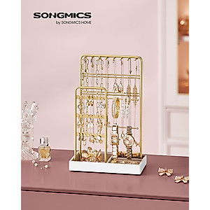 SONGMICS Jewelry Holder, Jewelry Organizer, Mother's Day Gifts, Jewelry Display Stand with Metal Frame and Velvet Tray, Necklace Earring Bracelet Holder, for Studs, Rings, Gold Color UJJS021A01